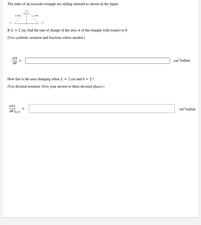 Solved The sides of an isosceles triangle are sliding | Chegg.com