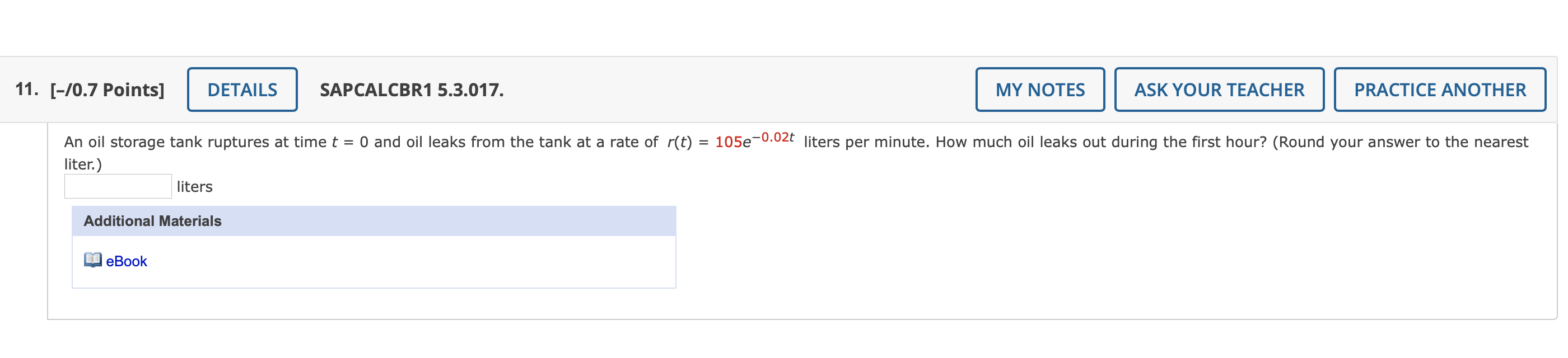 Solved 1. [-/0.7 Points ] SAPCALCBR1 5.3.017. liter.) liters | Chegg.com