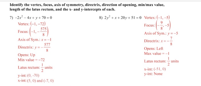 Solved Identify the vertex, focus, axis of symmetry, | Chegg.com