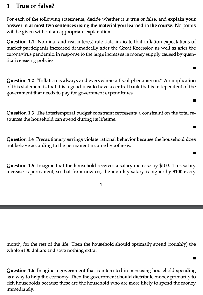 Solved 1 True or false? For each of the following | Chegg.com