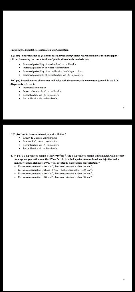 Solved Problem 8 (12 points Recombination and Generation (3 | Chegg.com
