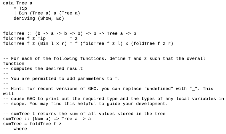 data Tree a = Tip | Bin (Tree a) a (Tree a) deriving | Chegg.com
