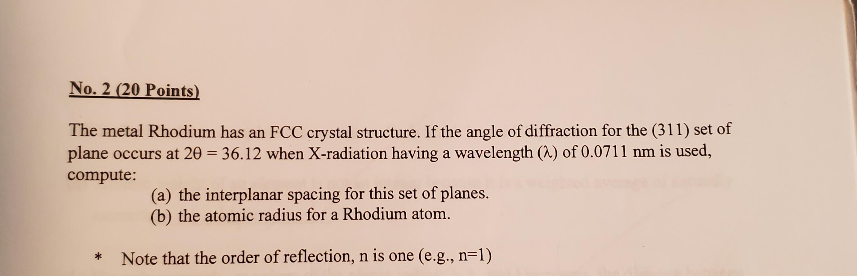 Solved The metal Rhodium has an FCC crystal structure. If | Chegg.com