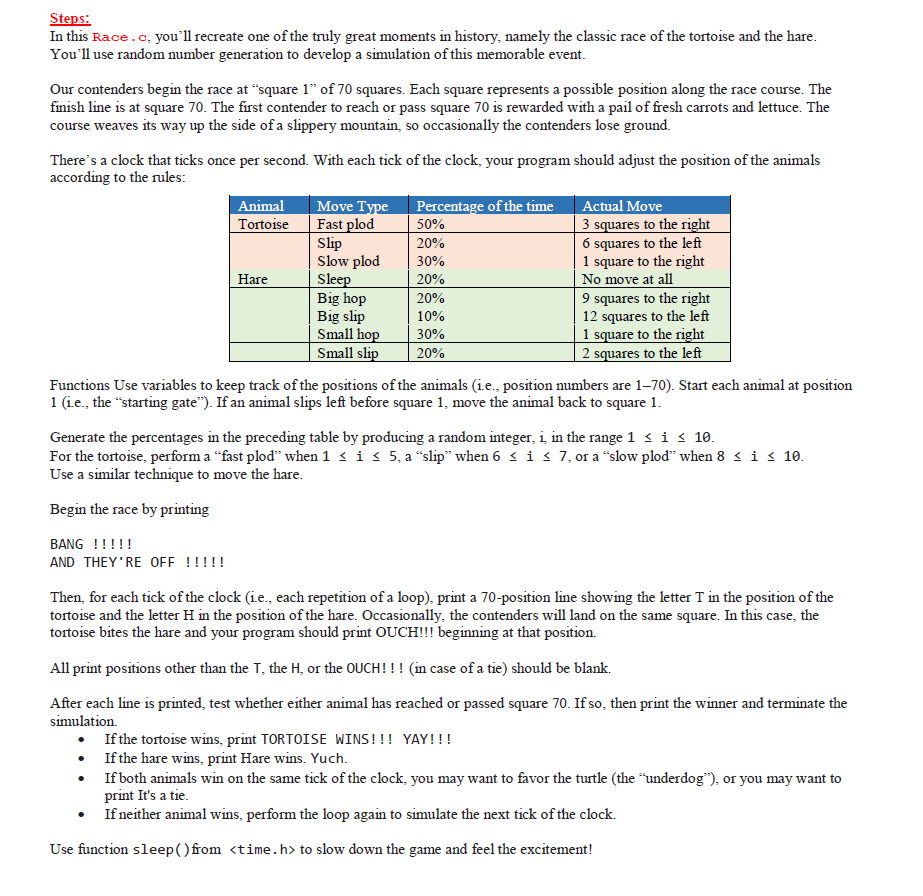 Rabbit vs. Turle Race C Program Use a pointer for | Chegg.com