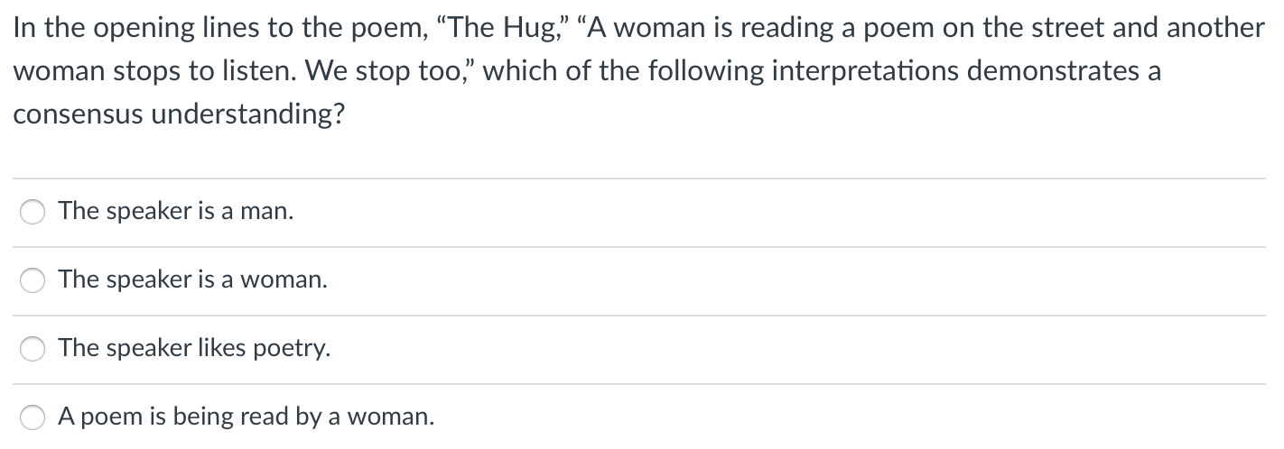 Solved In the opening lines to the poem, “The Hug,” “A woman | Chegg.com