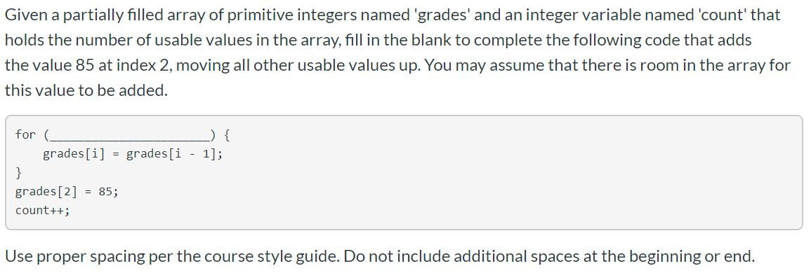 Solved Given A Partially Filled Array Of Primitive Integers