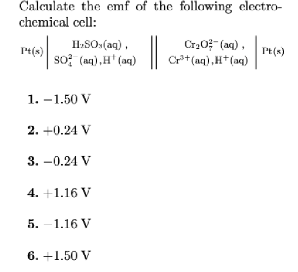Calculate the emf of the following electrochemical | Chegg.com