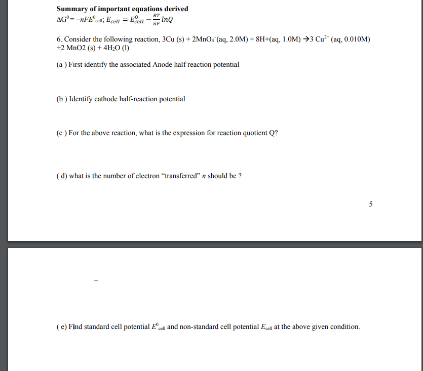 Solved Summary of important equations derived AGⓇ=-nFE"cell; | Chegg.com