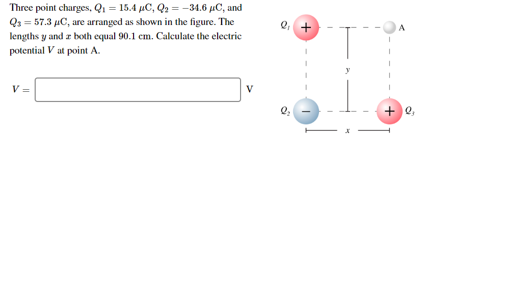 Solved Three point charges, Q1 = 15.4 uC, Q2 = -34.6 uC, and | Chegg.com