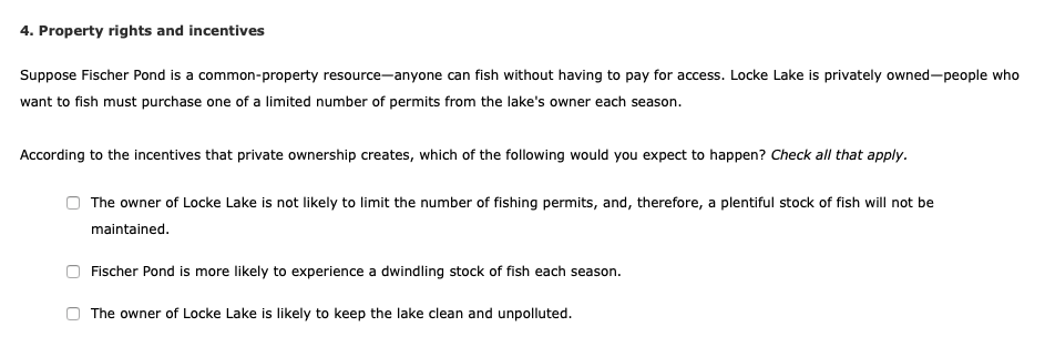 Solved 4. Property rights and incentives Suppose Fischer | Chegg.com