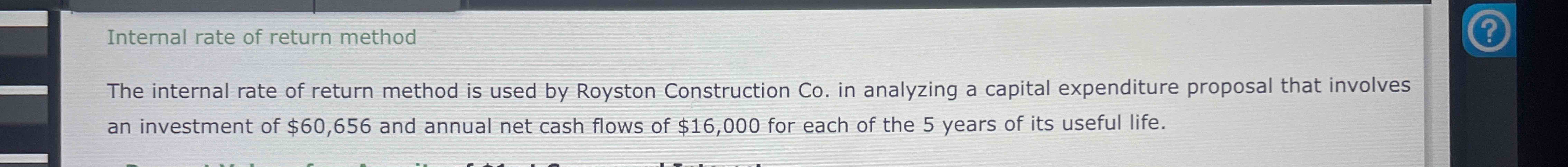 Solved Internal rate of return methodThe internal rate of | Chegg.com