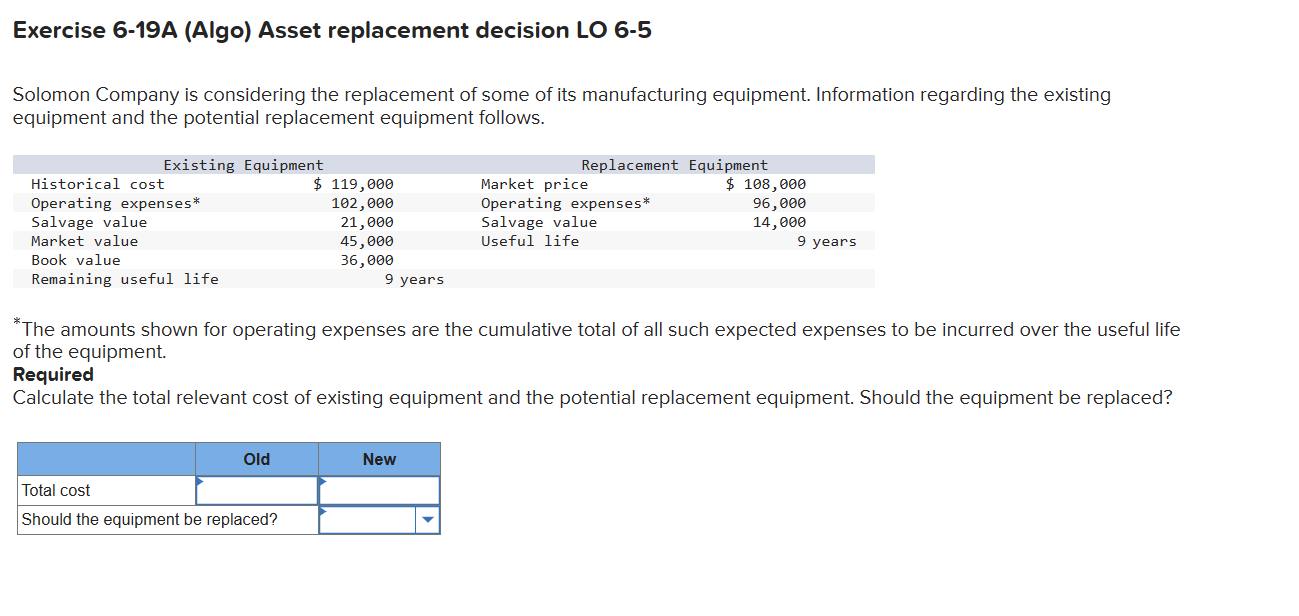 Solved Exercise 6-19A (Algo) Asset replacement decision LO | Chegg.com Solved Exercise 6-19A (Algo) Asset replacement decision LO | Chegg.com