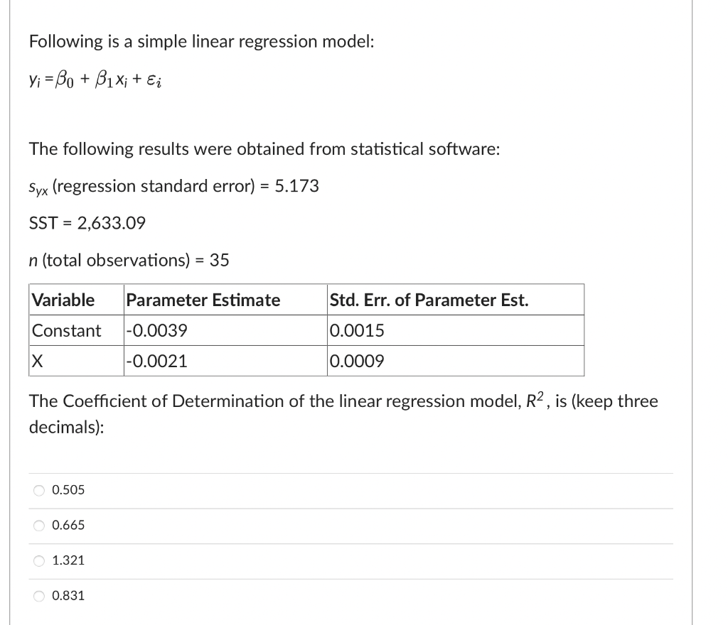 Solved Following is a simple linear regression model: | Chegg.com