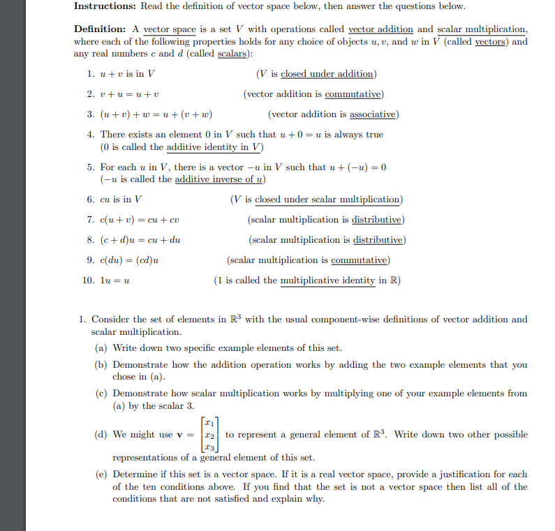 Solved Definition: A vector space is a set V with operations | Chegg.com