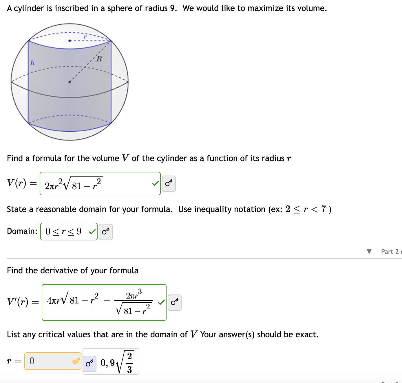 Solved A cylinder is inscribed in a sphere of radius 9 . ﻿We | Chegg.com