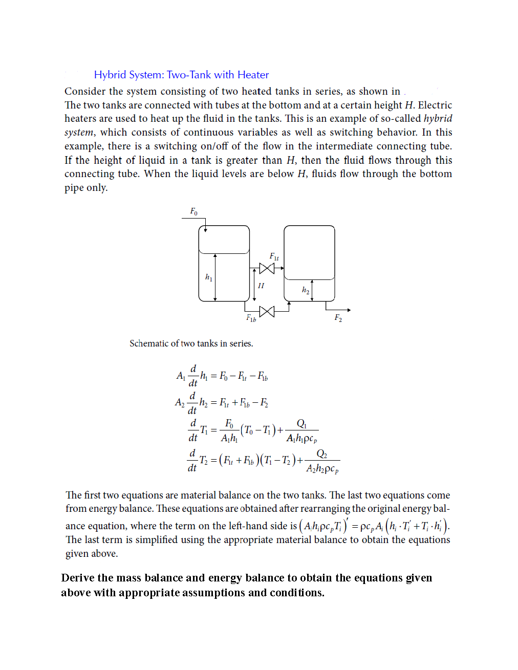 Solved Hybrid System: Two-Tank with Heater Consider the | Chegg.com
