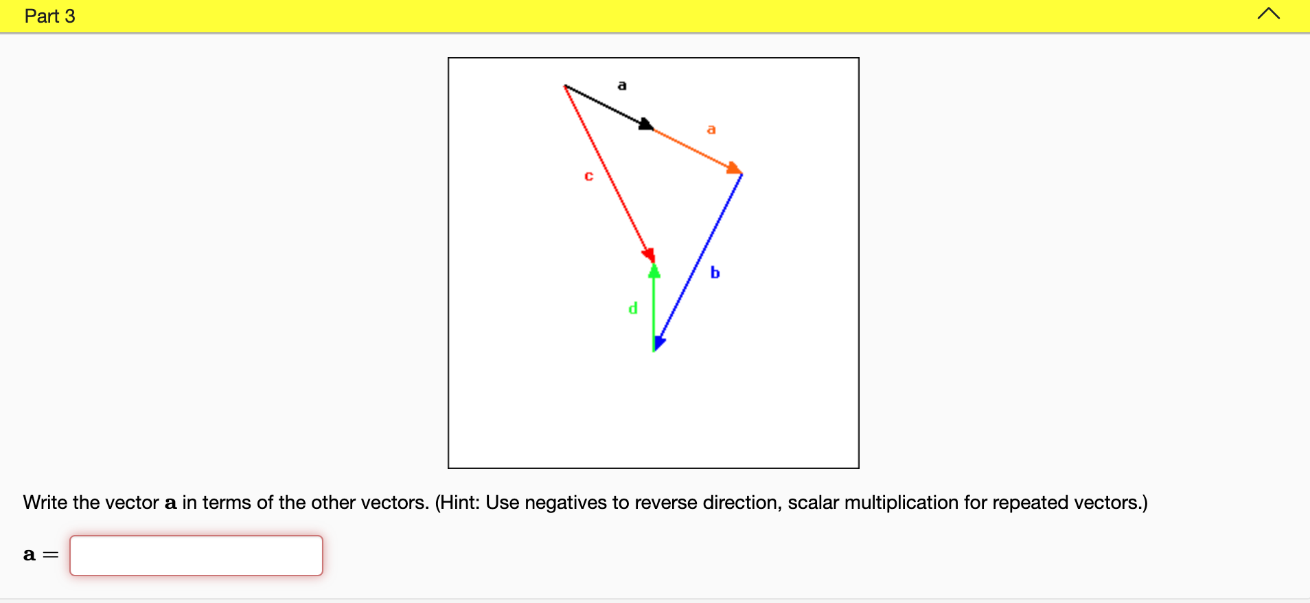 Solved Write the vector a in terms of the other vectors. | Chegg.com