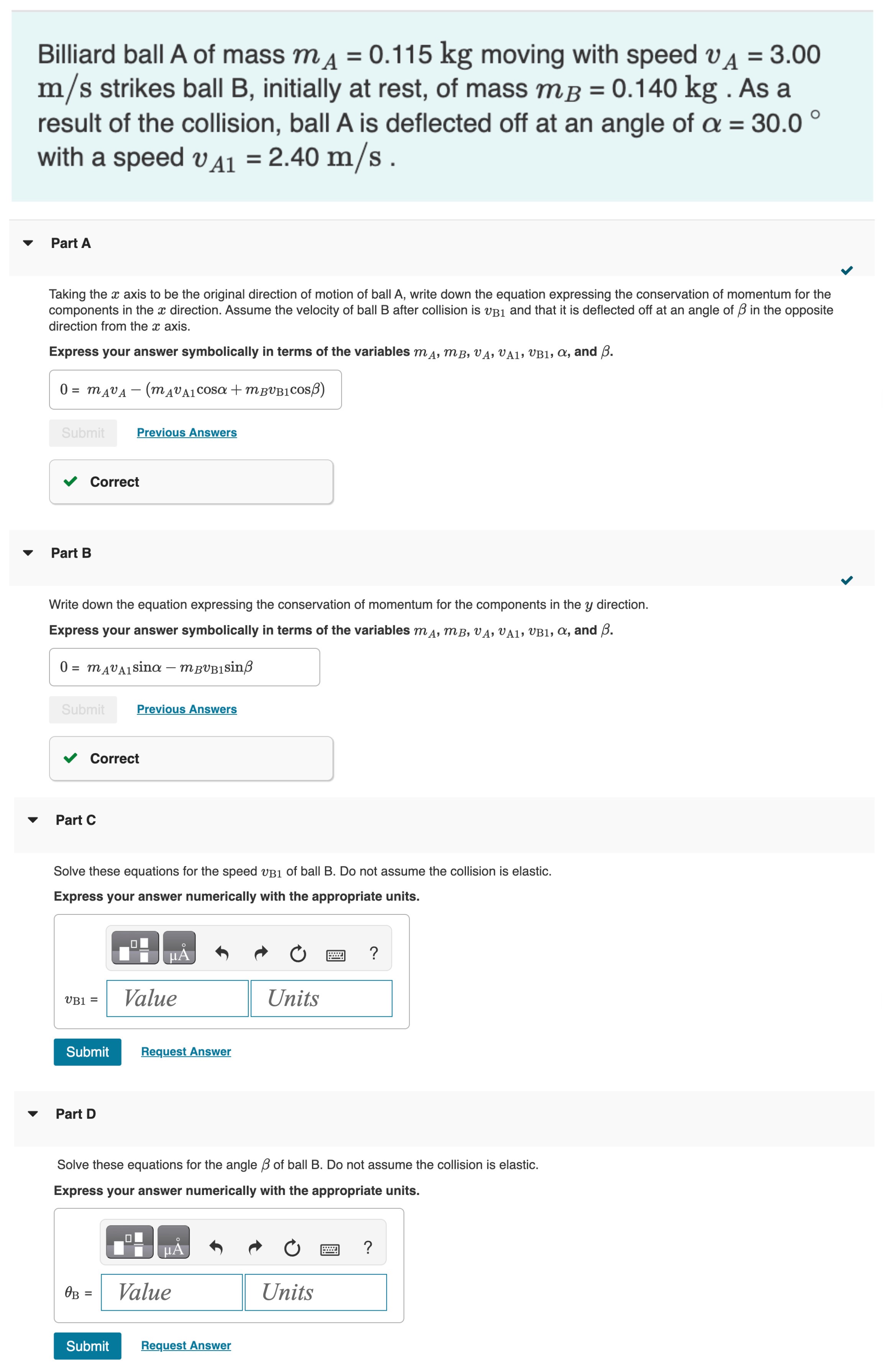 Solved Billiard ball A of mass mA=0.115kg ﻿moving with speed | Chegg.com