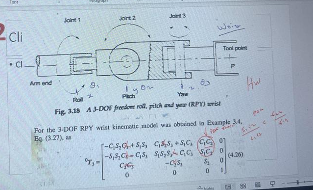 Solved For the 3-DOF RPY wrist kinematic model was obtained | Chegg.com