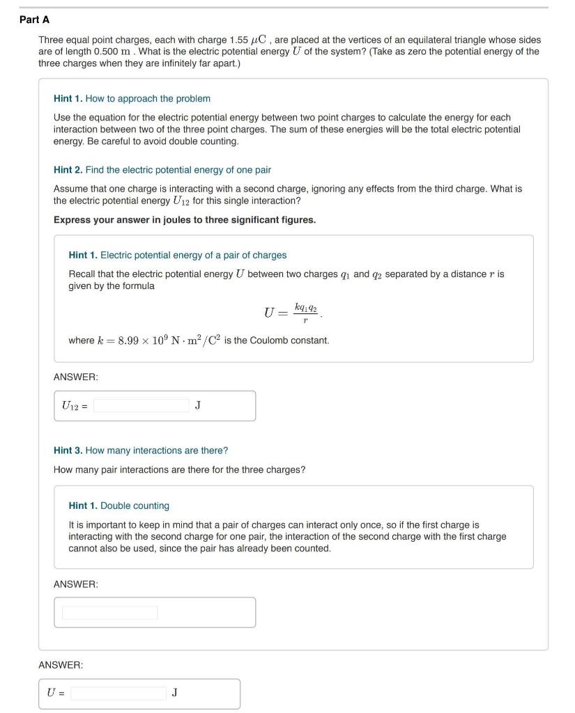 Solved Part A Three equal point charges, each with charge | Chegg.com