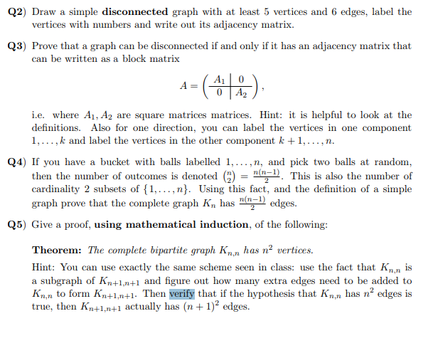Solved Q2) Draw a simple disconnected graph with at least 5 | Chegg.com