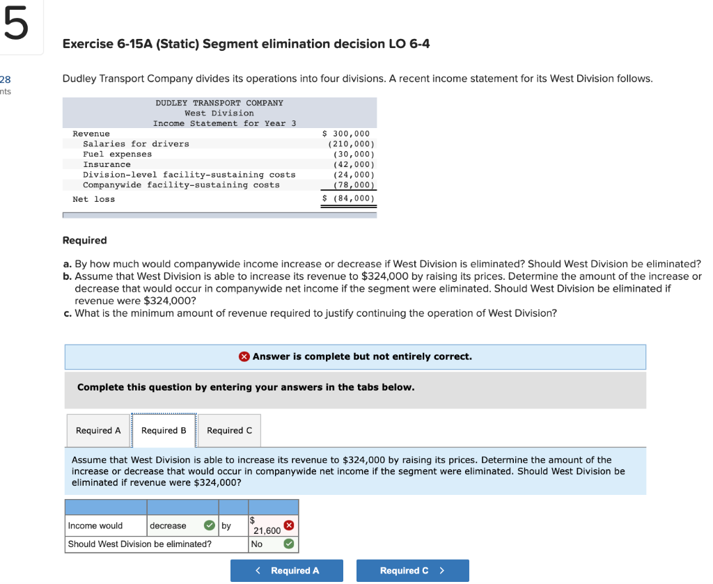 Solved 5 Exercise 6-15A (Static) Segment elimination | Chegg.com