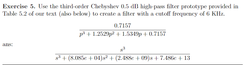 Exercise 5. Use the third-order Chebyshev 0.5 dB | Chegg.com
