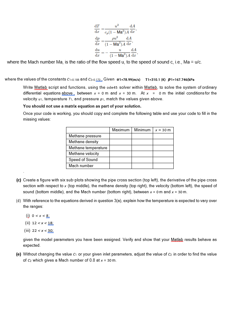 dxdT=cp(1−Ma2)Au2 dxdA, dxdp=(1−Ma2)Aρu2 dxdA, | Chegg.com