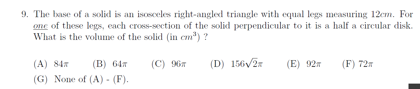 Solved 9 The Base Of A Solid Is An Isosceles Right Angled Chegg