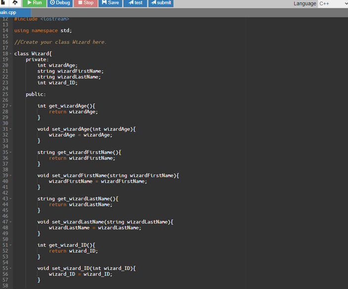 Solved g namespace std; eate your class Wizard here. Wtzard | Chegg.com