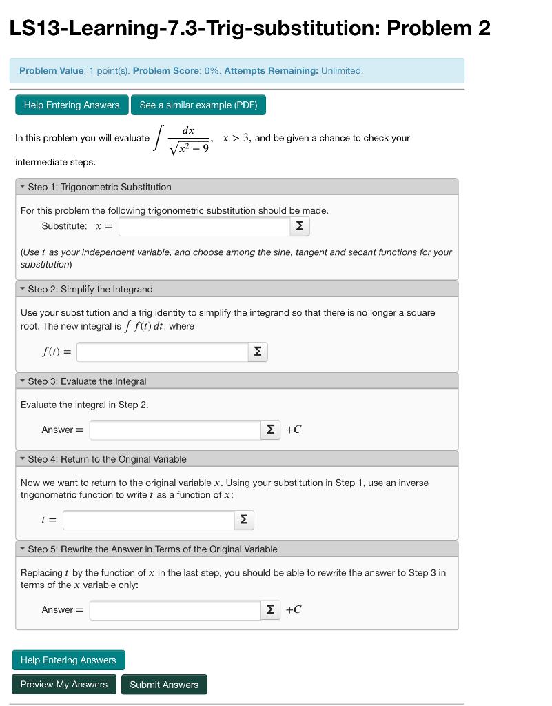 Solved LS13-Learning-7.3-Trig-substitution: Problem 2 | Chegg.com