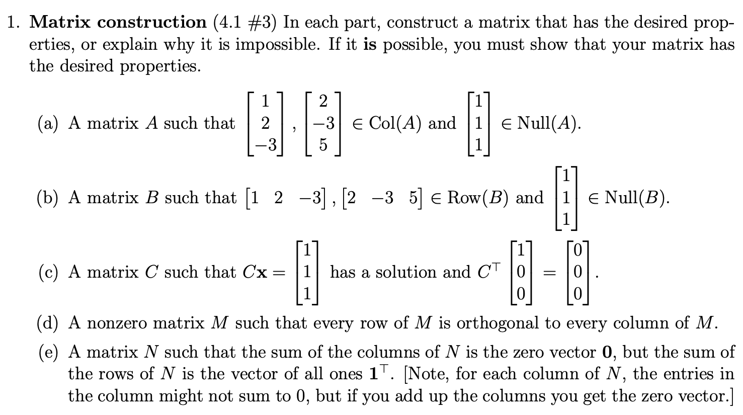 Solved 1. Matrix construction (4.1 \#3) In each part, | Chegg.com