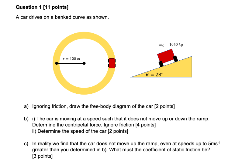 Solved Question 1 [11 points] A car drives on a banked curve | Chegg.com