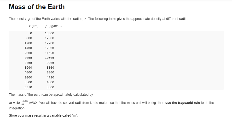 Solved Mass of the Earth The density, ρ, of the Earth varies | Chegg.com
