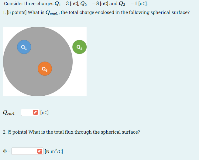 Solved Consider three charges Q1 = 3 [nC), Q2 = -8 [nC) and | Chegg.com