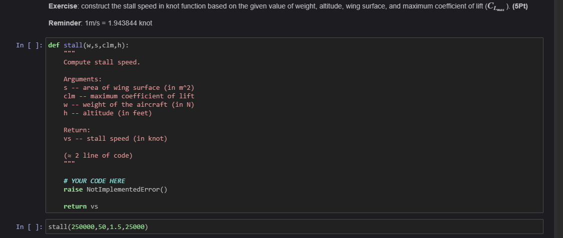 Solved Exercise: construct the stall speed in knot function | Chegg.com