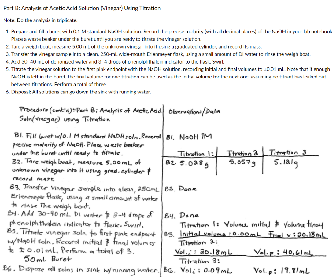 Solved Part B: Analysis of Acetic Acid Solution (Vinegar) | Chegg.com