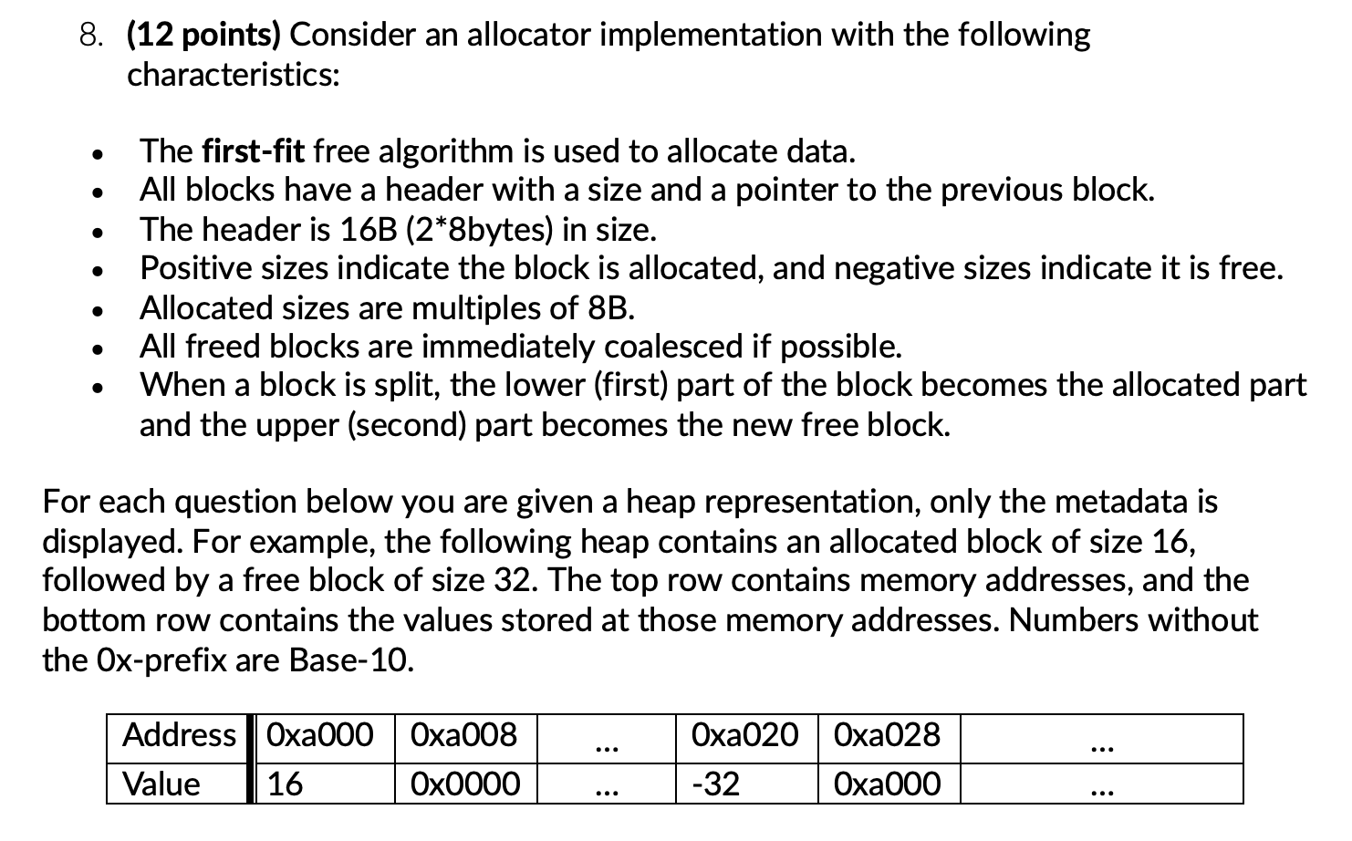 Solved 8. (12 points) Consider an allocator implementation | Chegg.com