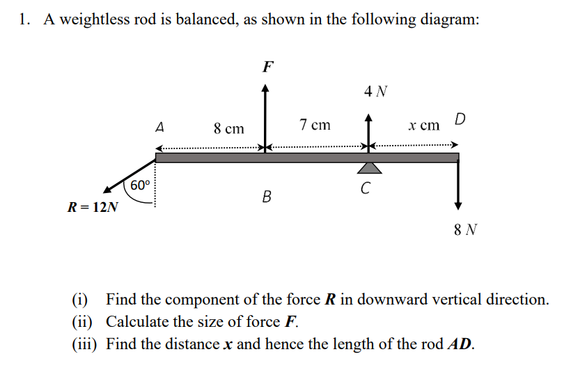 Solved 1. A weightless rod is balanced, as shown in the | Chegg.com
