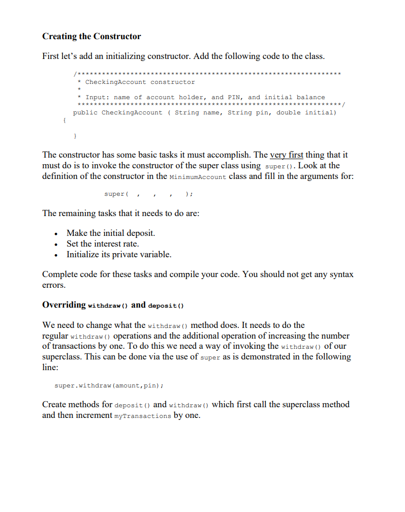 Solved Creating the Checking Account Complete the code for | Chegg.com