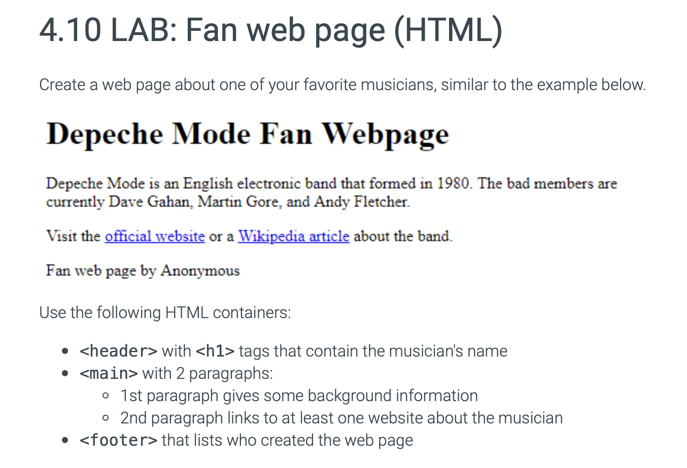 Solved 4.10 LAB: Fan web page (HTML) Create a web page about | Chegg.com