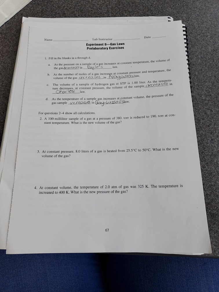 Solved Date Name Lab Instructor Experiment 8-Gas Laws | Chegg.com