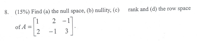 Solved (15\%) Find (a) the null space, (b) nullity, (c) rank | Chegg.com