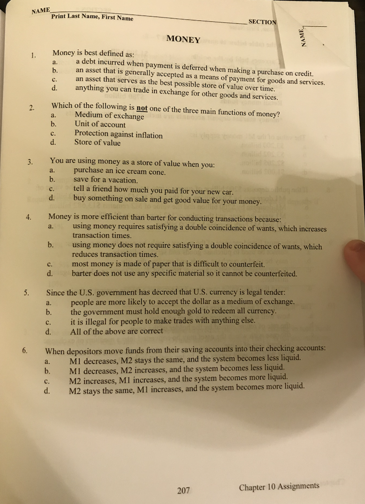 Solved NAME Print Last Name, First Name SECTION MONEY NAME | Chegg.com