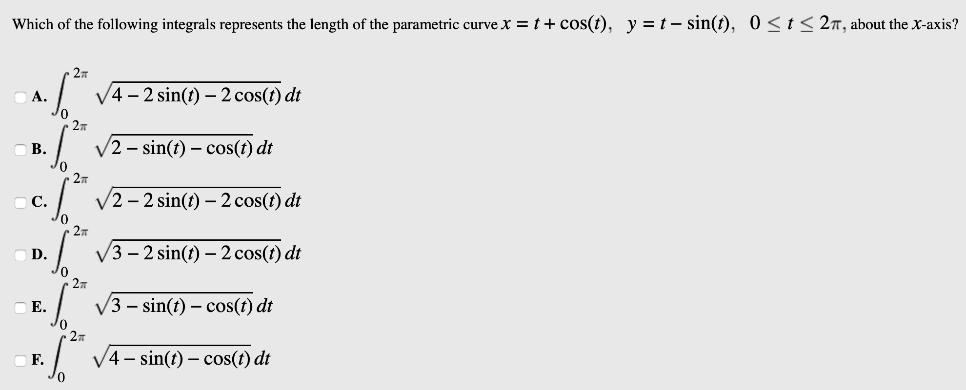 Solved Which of the following integrals represents the | Chegg.com