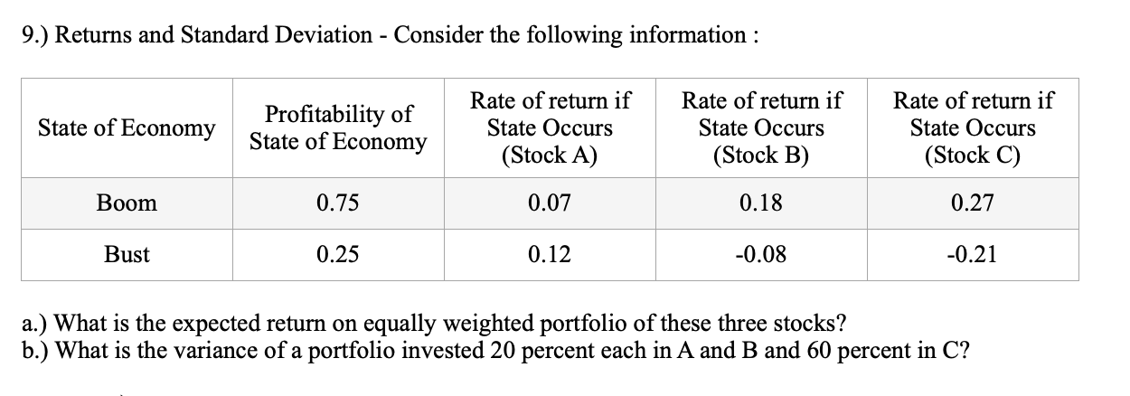 Solved 9.) Returns and Standard Deviation - Consider the | Chegg.com
