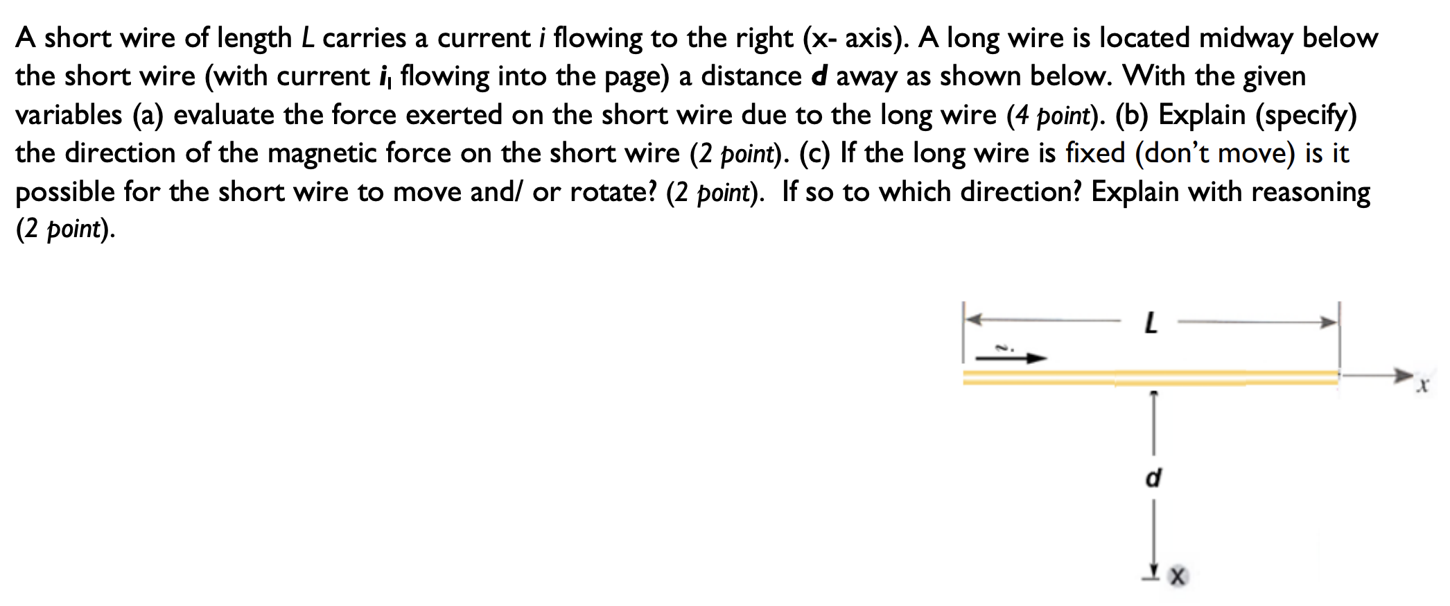 Solved A short wire of length L carries a current i flowing | Chegg.com