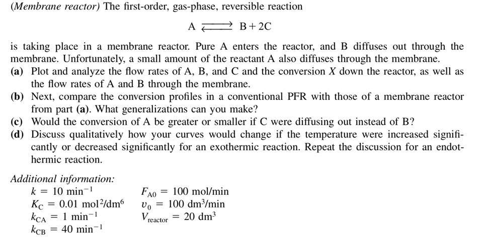 (Membrane reactor) The first-order, gas-phase, | Chegg.com
