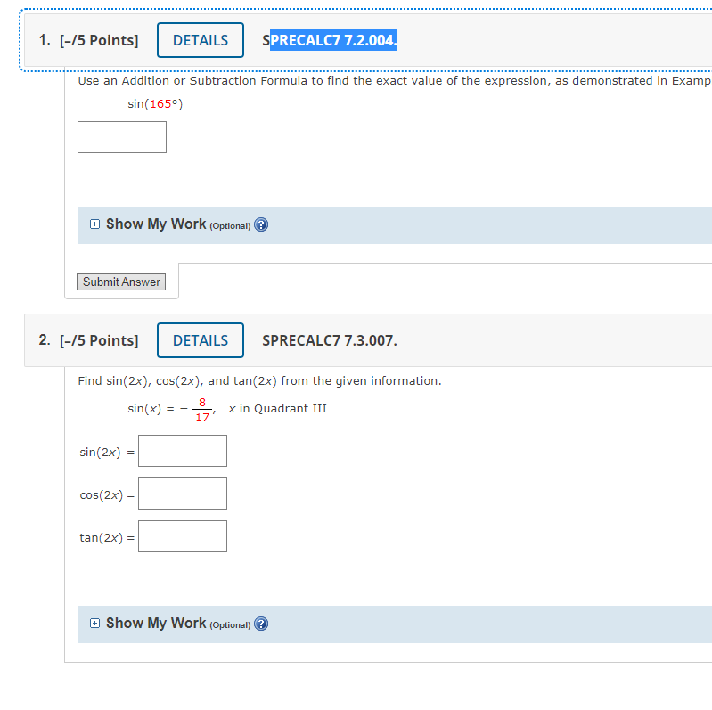 Solved 1. [-15 Points] DETAILS SPRECALC7 7.2.004. Use an | Chegg.com