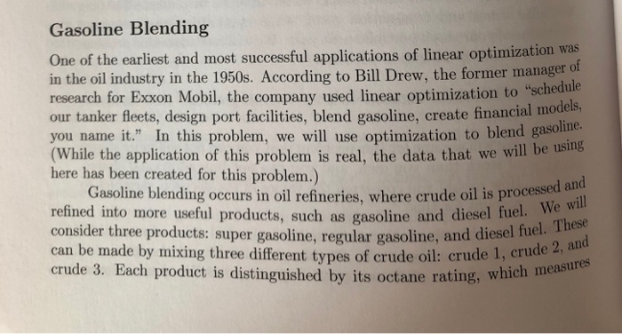 Solved Gasoline Blending One of the earliest and most | Chegg.com